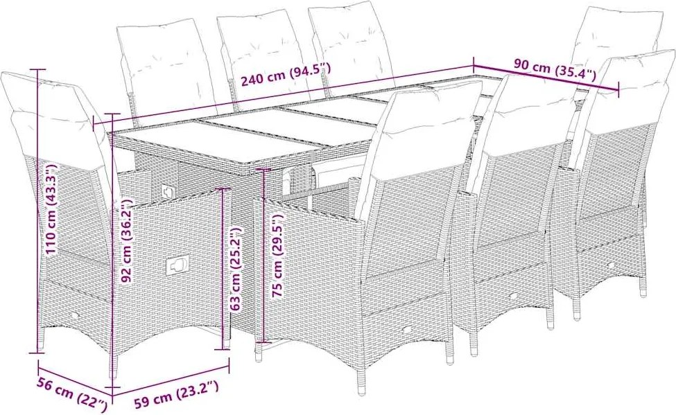 9dílný zahradní bistro set s poduškami šedý polyratan 3277259