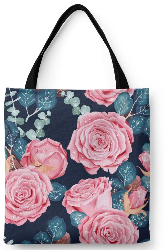 Nákupní taška Esence jemnosti - růžové květy a listy na tmavém pozadí