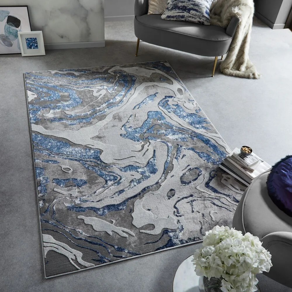 Flair Rugs, Kusový koberec Eris Marbled Navy, 240x340, modrá, kancelář