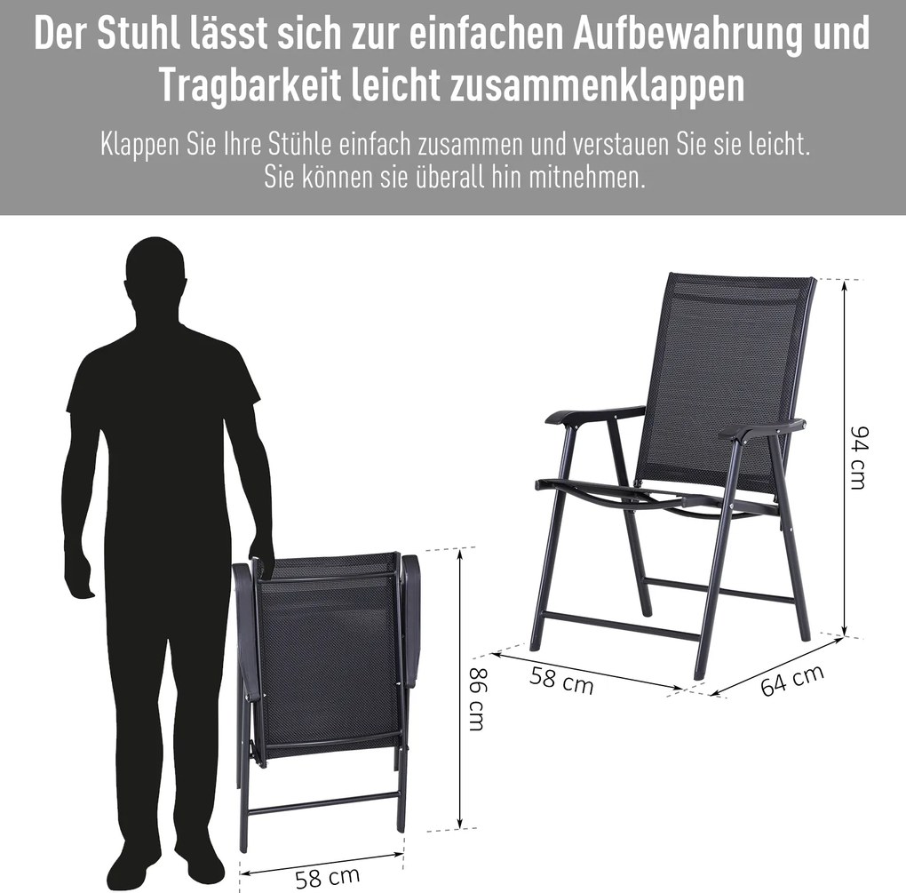 Outsunny kempingové židle sada 2 skládacích židlí s područkami, kovová rybářská židle černá 58x64x94cm, ideální pro venkovní použití a volný čas |