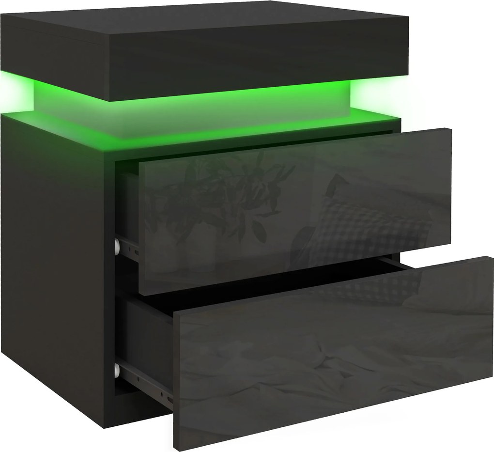 HOMCOM noční stolek s RGB LED světlem, vysokolesklá čelní deska se 2 šuplíky pro obývací pokoj nebo ložnici, černá