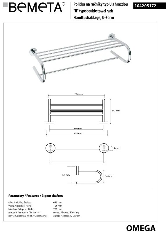 Bemeta Design OMEGA: Držák ručníků, 600 mm, s hrazdou - 104205172