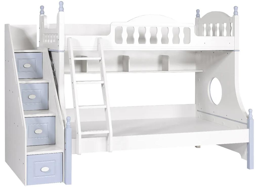Patrová postel bílo-modrá  s policemi a šuplíky PADDI 120x200 cm