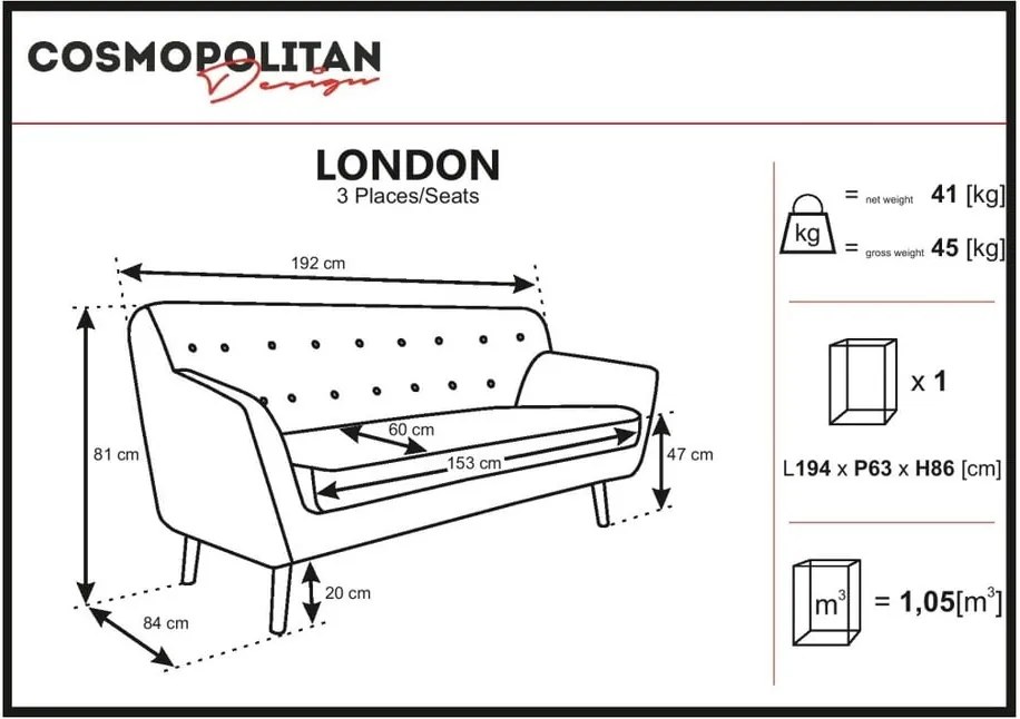 Tmavě růžová pohovka Cosmopolitan design London, 192 cm