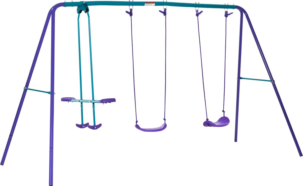 Outsunny Zahradní Houpačka z Kovového Rámu s Nastavitelnou Výškou pro Děti od 3 Let s Dvojitou Houpačkou pro Terasu 280x140x176 cm Modrá a Fialová