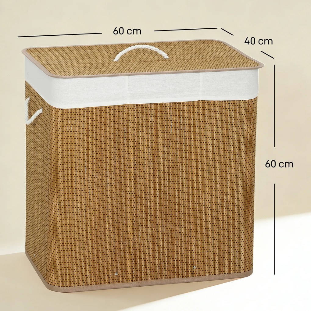 HOMCOM bambusový koš na prádlo s víkem, 144 l, 3 přihrádky, odnímatelné pratelně vložky a úchyty, 60 x 40 x 60 cm, hnědá