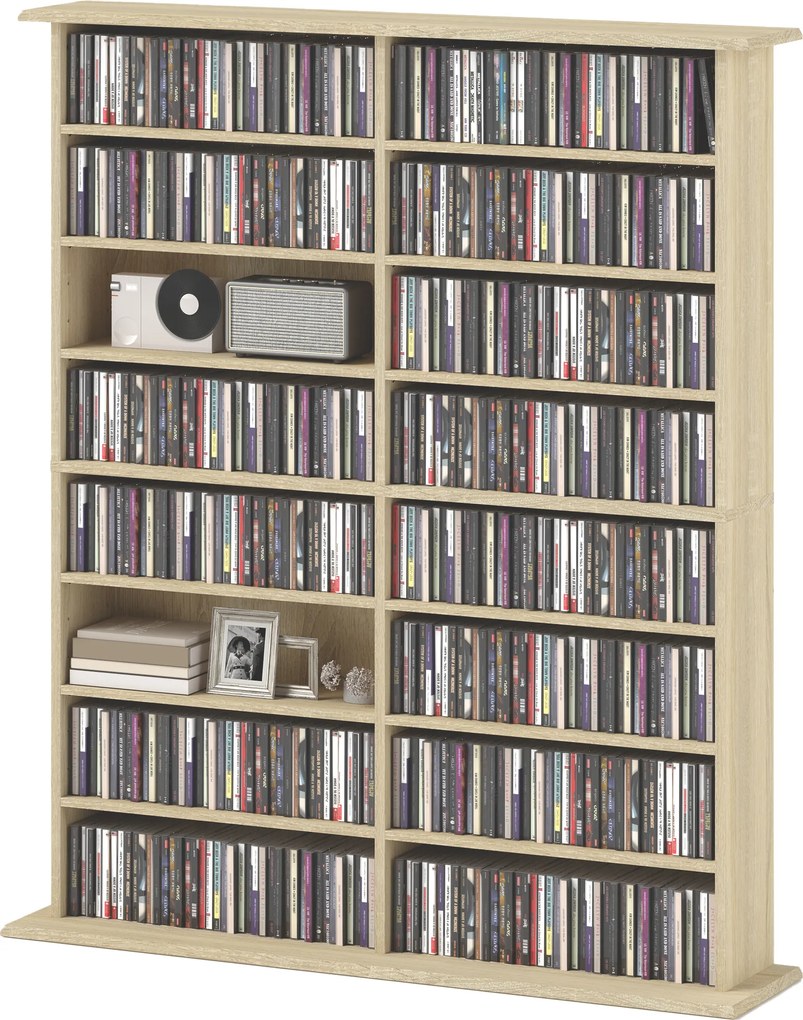 HOMCOM Úložný box na CD a DVD, multifunkční jednotka s 16 přihrádkami a 12 nastavitelnými policemi, max. kapacita 720 CD/396 DVD a Blu-ray, 106,5 x 2…