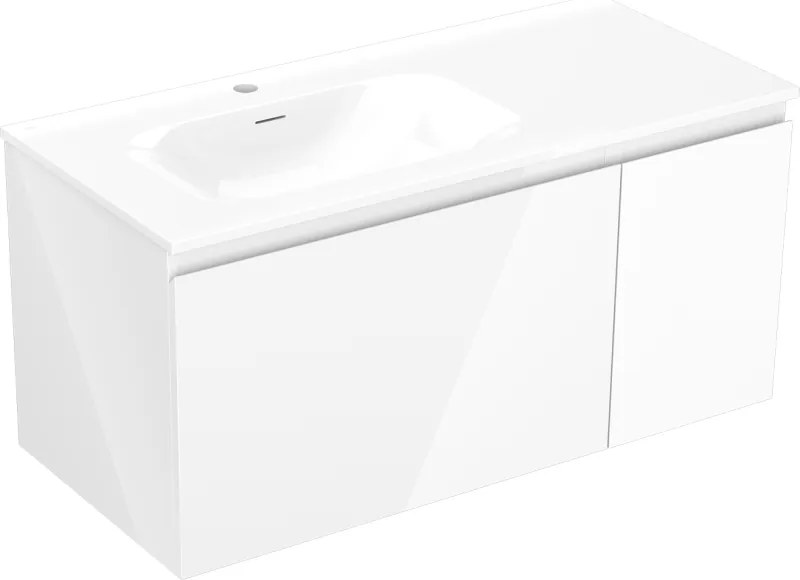 Mexen Orio, koupelnová skříňka 100 cm s umyvadlem Vela vlevo, 1S, 1D, bílá lesklá, 91A13-10047-3-BBFF00-W23L00