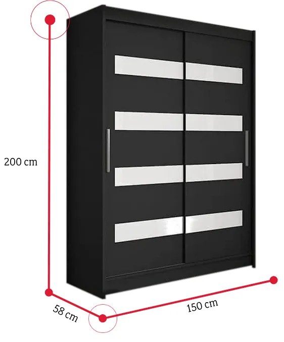 Expedo Posuvná šatní skříň STAWEN IV, 150x200x58, bílá/černá lesk