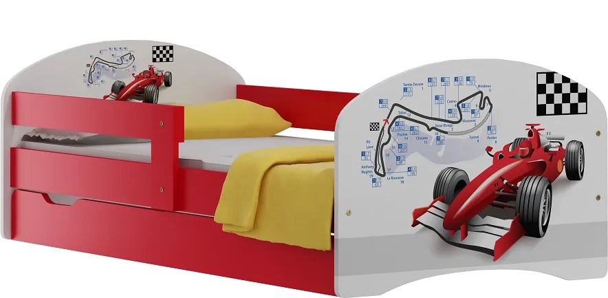 Dětská postel s motivem FORMULE 1  se zábranou Rozměr: 200x90, Matrace: včetně matrace RELAX, Barevná kombinace: ŽLUTÁ / BÍLÁ