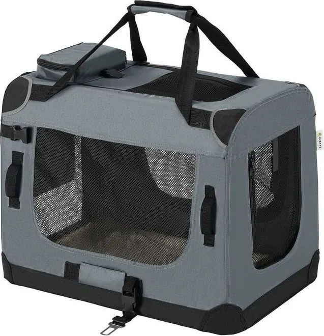 Skládací přepravní box pro psy, šedý, s pelíškem, velikost M