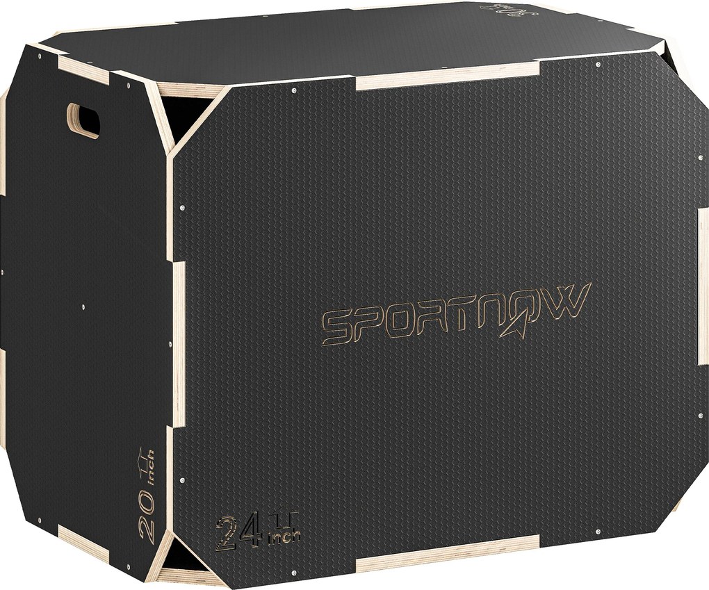 SPORTNOW plyo box 3 v 1, skákací box s otvory pro rukojeti, pro domácí fitness a venkovní trénink, 3 výšky skoku, dřevo, černá barva