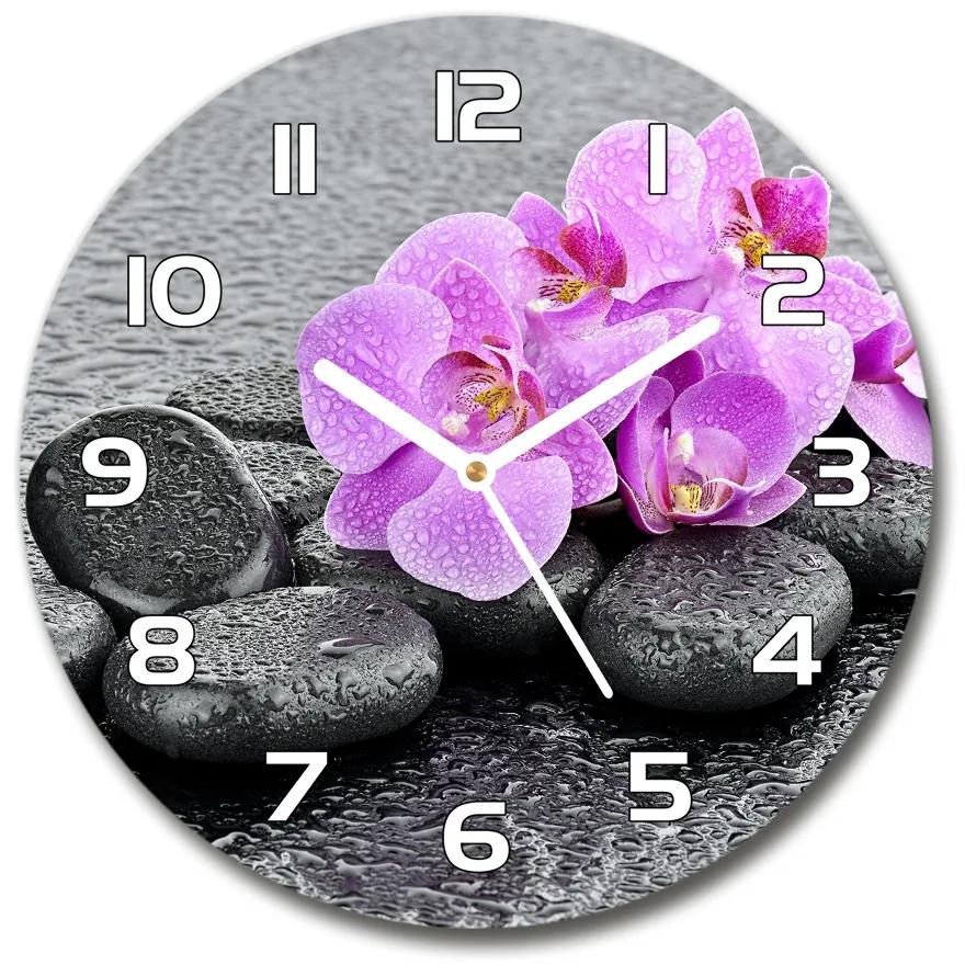 Wallmuralia Skleněné hodiny kulaté Orchidej a kamení fi 30 cm