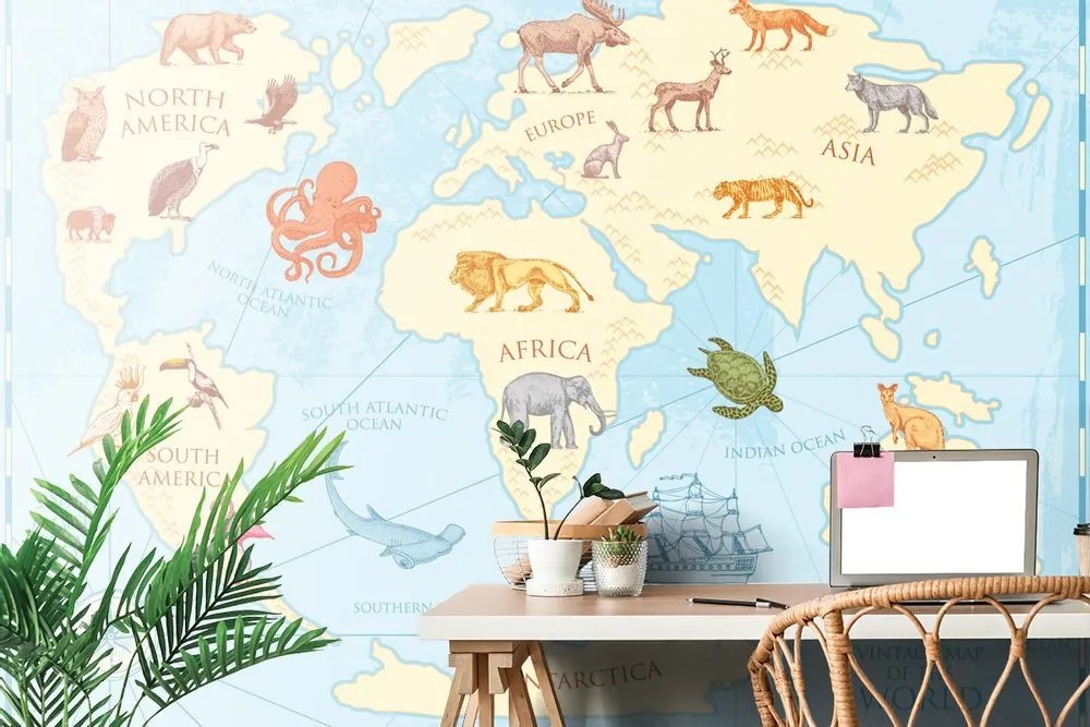 Samolepící tapeta mapa světa se zvířaty - 450x300 cm
