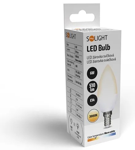 SOLIGHT LED žárovka svíčka matná C37 6W, E14, 3000K, 510lm