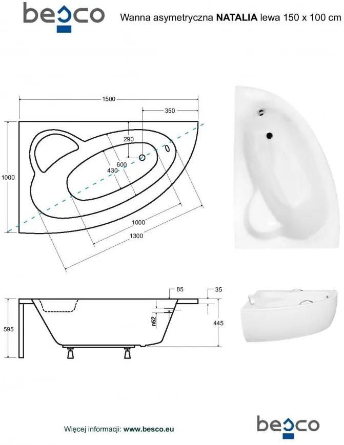 BESCO Asymetrická vana NATALIA Nožičky k vaně - Bez nožiček, Rozměr vany - 150 × 100 cm, Způsob provedení - Pravé VANNAT150P