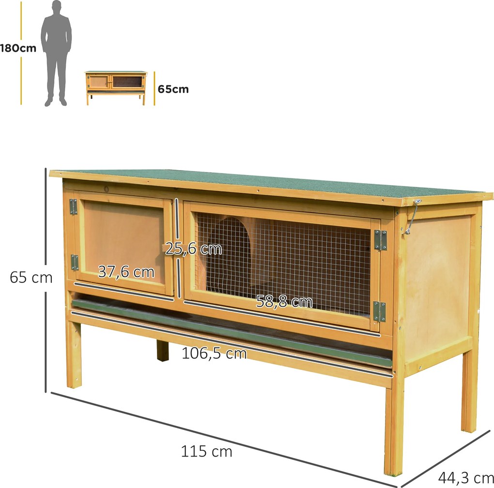 PawHut Dřevěná králíkárna s odklopnou střechou, 2 dvířka, nepropustná vanička, 115x44,3x65 cm Světle žlutá