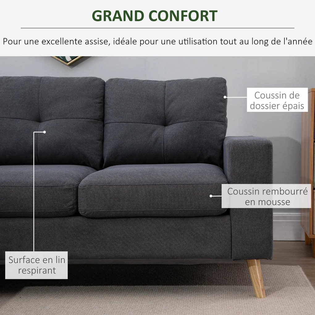 HOMCOM Rohová Pohovka z Lněné Tkaniny, 3-místná Pohovka, Reverzibilní Chaise Lounge vpravo nebo vlevo, 193 cm, Skandinávský Design, pro Obývací Pokoj,
