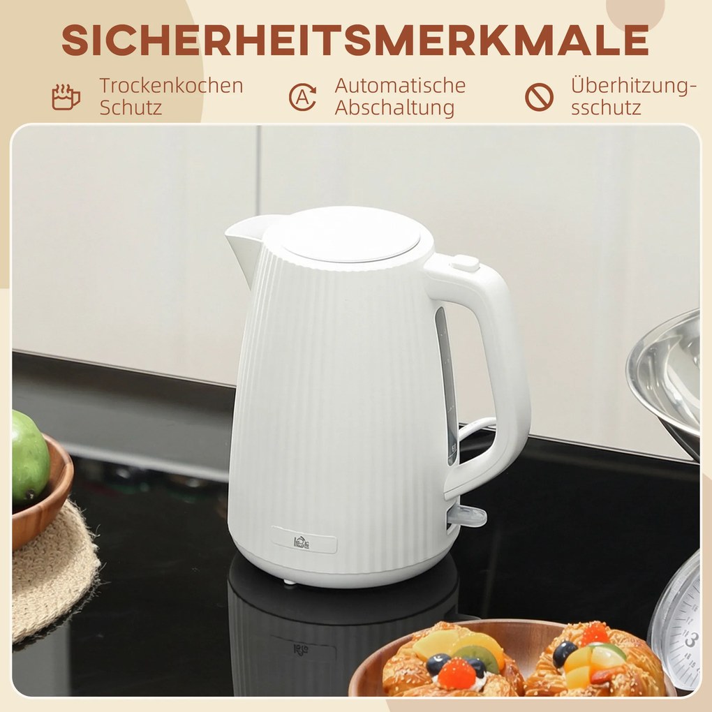 HOMCOM Elektrická konvice 1,7L, rychlovarná funkce, 2200W, s vyjímatelným filtrem proti vodnímu kameni, automatické vypnutí, Krémově bílá