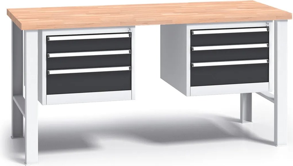 Pracovní stůl do dílny G3 se 2 závěsnými boxy na nářadí, buková spárovka, 6 zásuvek, pevné kovové nohy, 1700 mm, grafit