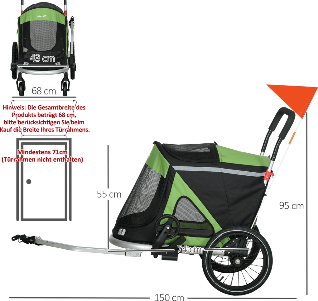PawHut 2-in-1 cyklo vozík pro psy, kočárek pro domácí zvířata s bezpečnostním vodítkem, kočárek pro psy s reflexními plochami a tlumiči nárazů pro st…