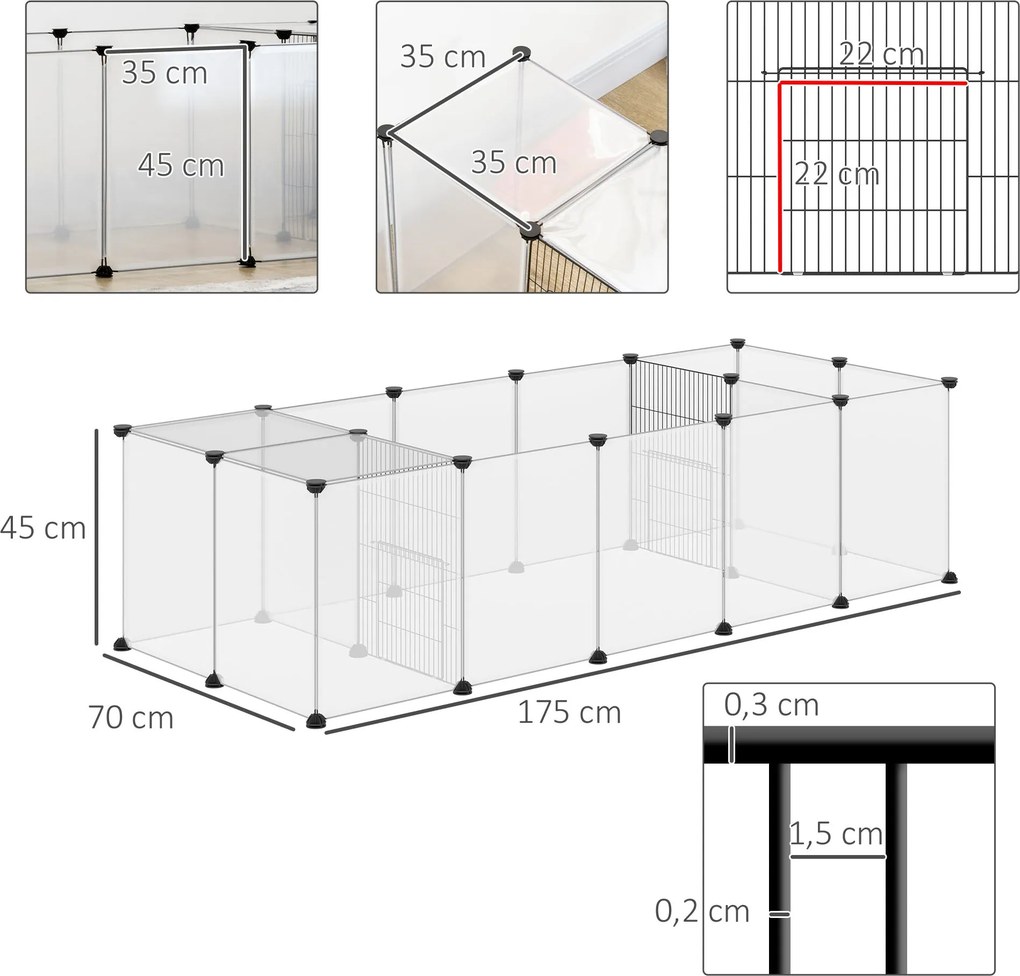 Pawhut DIY Ohrada pro domácí zvířata s 20 pryskyřičnými panely - Modulární klec pro malé zvířata pro morčata, králíky a činčily 175x70x45 cm Bílá