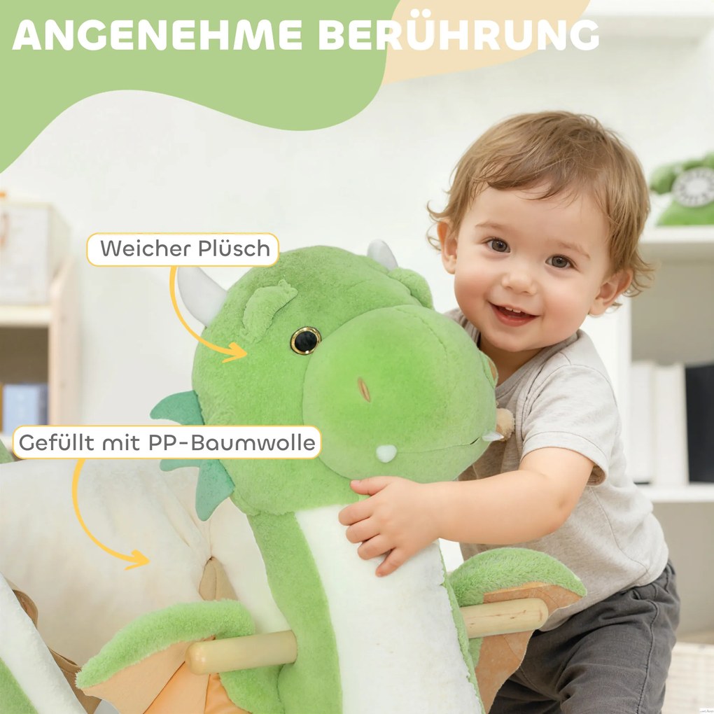 AIYAPLAY Houpací zvíře, Houpací dinosaurus, interaktivní zvuky zvířat, měkké výplně, dřevěný rám, 73 x 39 x 66 cm, Zelená