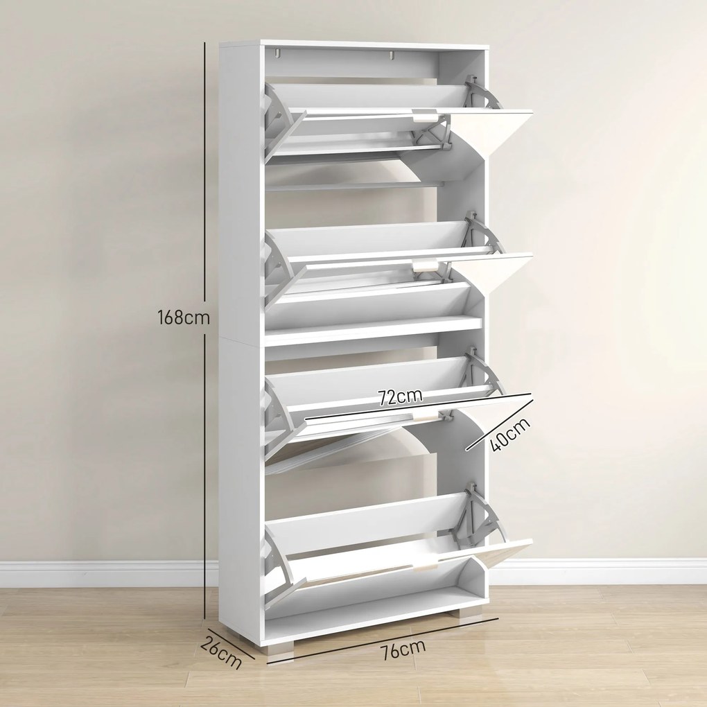 HOMCOM 2-in-1 Botník se Zrcadlovými Dveřmi, 4 Klopové Dveře, Nastavitelné Policie, Úsporný, 76L x 26W x 168H cm Bílý | Aosom