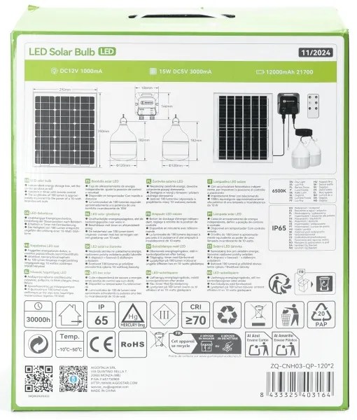Aigostar - LED Solární lustr 2xLED/70W/12V 12000 mAh 6500K pr. 12 cm