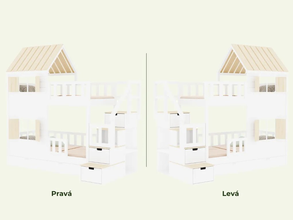WoodPassion Patrová postel CHALOUPKA s poloviční střechou a úložnými schody 90x200 cm Zvolte barvu: Bílá - Přírodní, Zvolte šuplík: Přistýlka 90x190 cm, Zvolte stranu: Vlevo