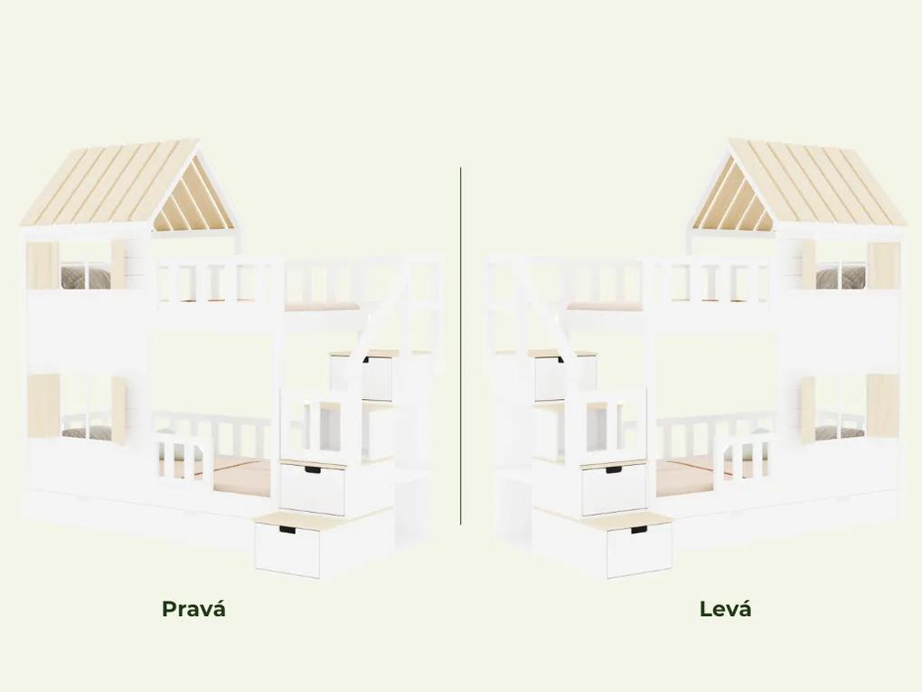 WoodPassion Patrová postel CHALOUPKA s poloviční střechou a úložnými schody 90x200 cm Zvolte barvu: Bílá - Šedá, Zvolte šuplík: Úložný šuplík, Zvolte stranu: Vlevo