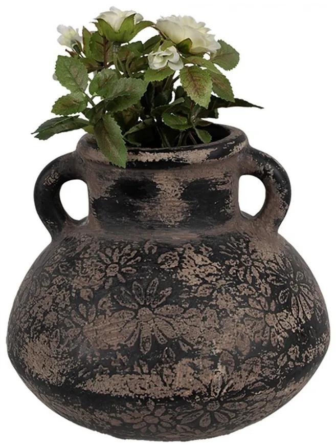 Černo-šedý keramický obal na květináč/ váza s uchy a květy - Ø 15*13 cm
