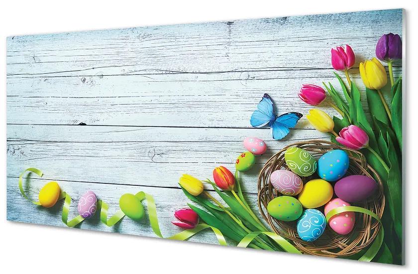 akrylový obraz Eggs tulipány motýl 100x50 cm