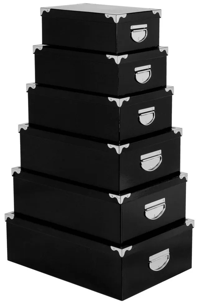 Sada šesti obdélníkových úložných boxů, organizátory, kovové armatury, rukojeti, černá