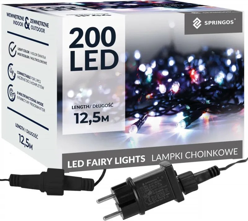 LED světelný řetěz - 12,5m, 200LED, 8 funkcí, paměť, IP44, multicolor