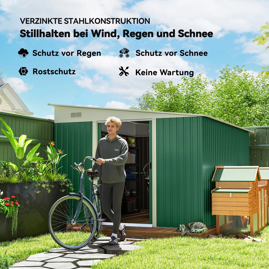 Outsunny Kovový zahradní domek se šikmou střechou a zamykatelnými dvojitými dveřmi 2,8 x 3,45 x 2,01 m, zelený