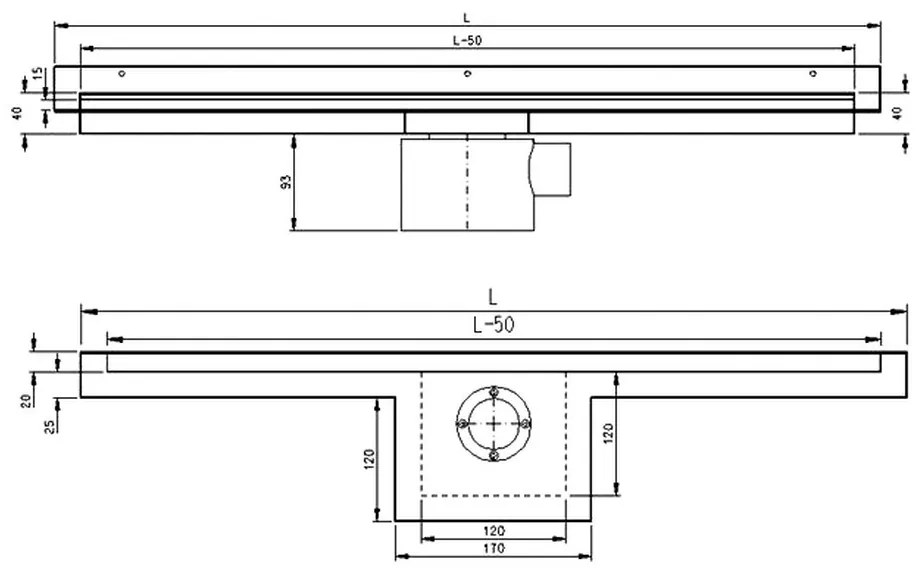 Sprchový žlab PHANTOM s horizontální a vertikální přírubou, 110 cm