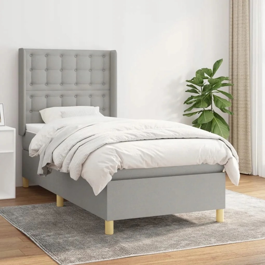 Box Spring Postel S Matrací Textil Světle Šedá tlačítka 90 x 200 cm