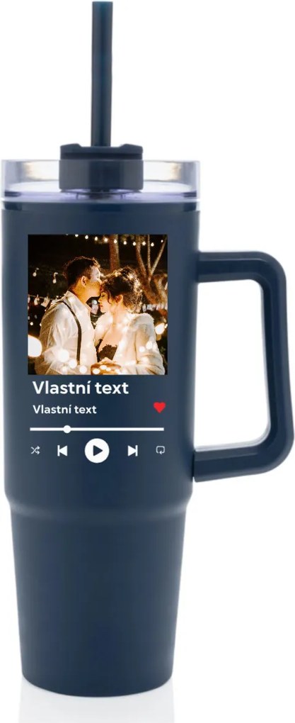 Personalizovaná cestovní termoska s průhledným víčkem s motivem přehrávače