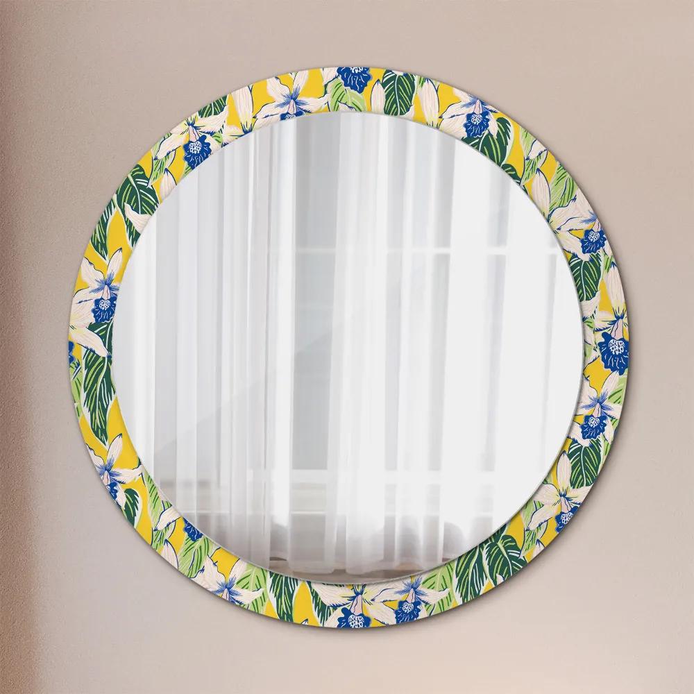 Kulaté zrcadlo tištěný rám Modré a žluté orchideje fi 90 cm