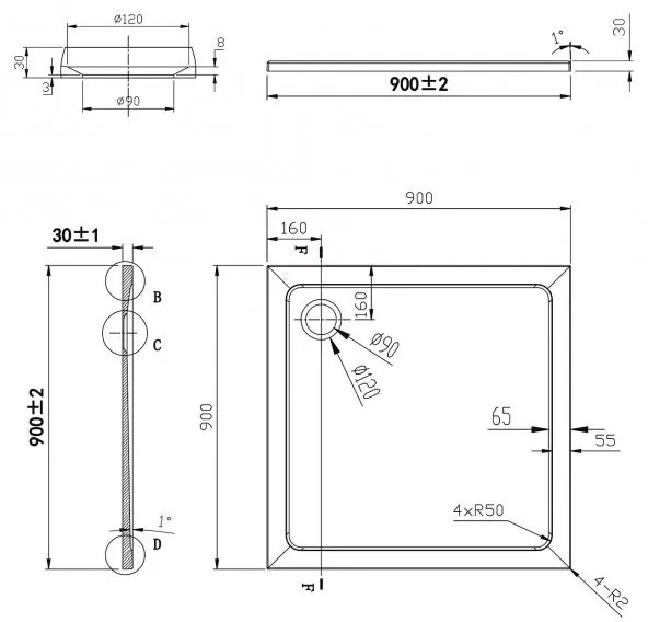 BESCO Čtvercový sprchový kout MODERN 185 + vanička z litého mramoru BARVA rámu - Chrom/Leštěný hliník (ALU), Rozměr A - 90 cm, Rozměr B - 90 cm, Vanička HL - Včetně vaničky, Výplň - Frost bezpečnostní sklo - 6 mm - BCCTVMOD90CFVEN