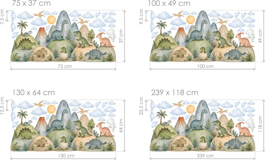 Hory kopce dinosauři samolepky na zeď dětské arch 100 x 49 cm