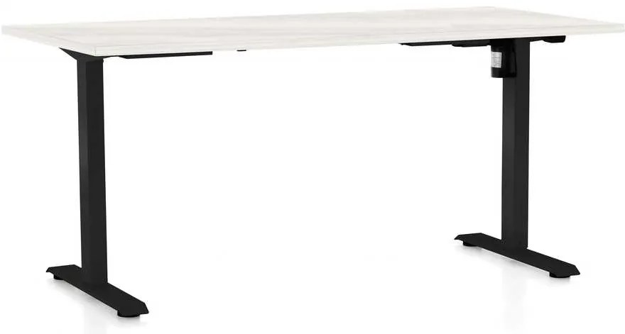 Výškově nastavitelný stůl OfficeTech A, 160 x 80 cm, černá podnož, bílý jasan