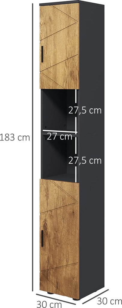 kleankin Skříň na koupelnové úložné prostory se 2 dveřmi, nastavitelnou policí a 2 přihrádkami, 30 x 183 cm, tmavý dub