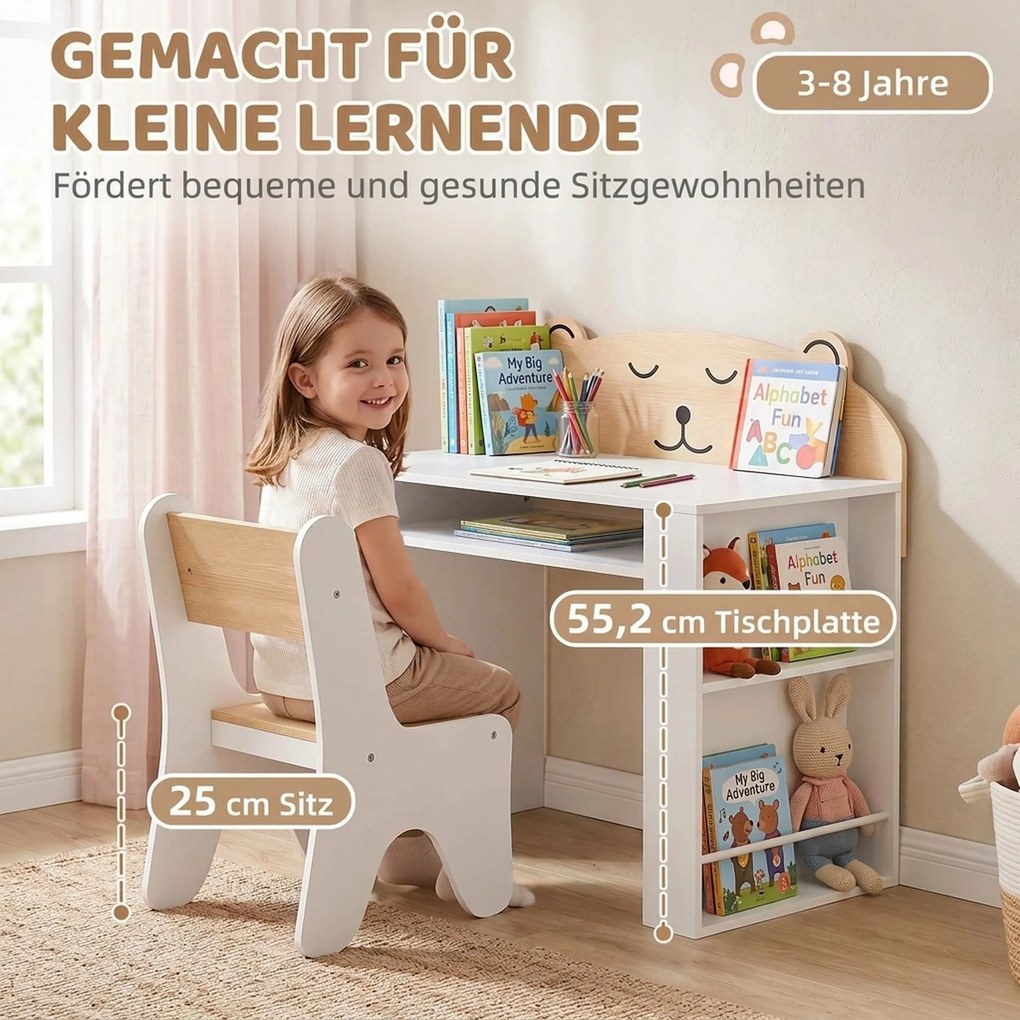 AIYAPLAY dětský stůl se židlí 2dílná dětská sezení s knihovnou a úložným prostorem, design medvěd pro děti 3-8 let, bílé