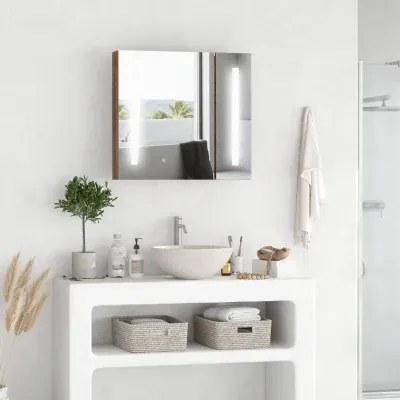 kleankin Nástěnná zrcadlová skříňka s LED osvětlením do koupelny, 2 dveře s 3 úrovněmi, 70 x 15 x 65 cm, vzhled dřeva