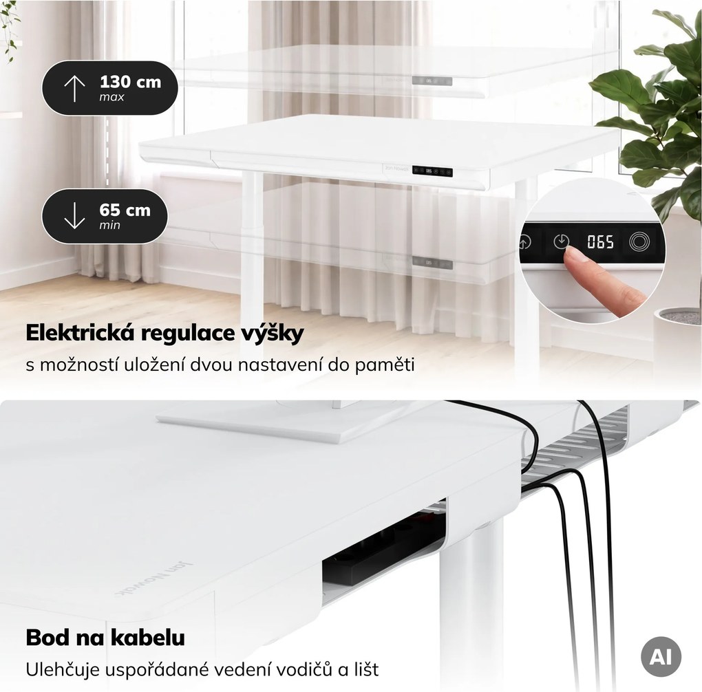 Elektrický psací stůl sit-stand se zásuvkou a bezdrátovou nabíječkou Qi bílý, 1200 mm: ELLIS