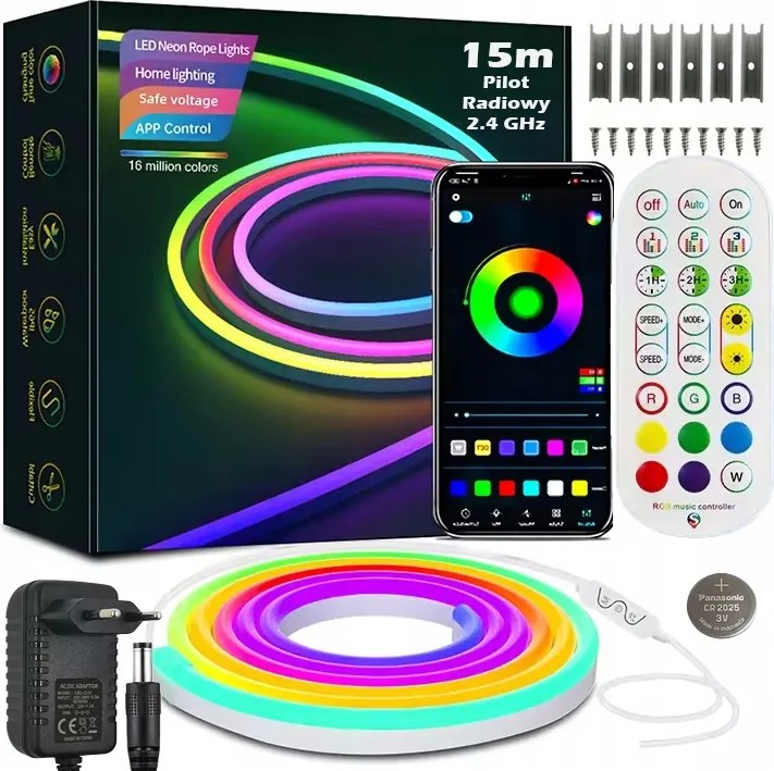 Led Pásek Neon 15M (1x15) Aplikace Bluetooth Rgb Dálkový Ovladač Rádiový 2.4GHz 24V