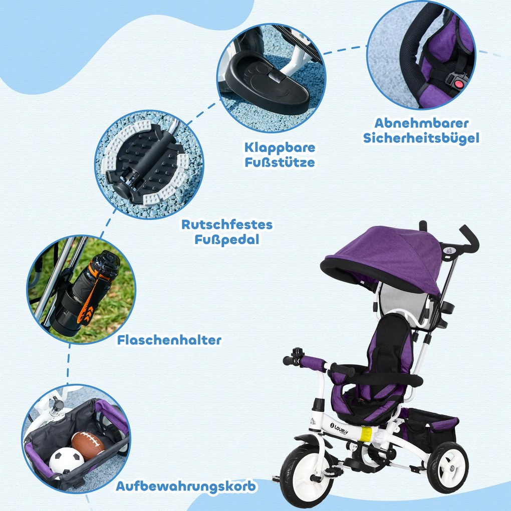 dětská tříkolka 6 v 1 s odrážedlem, střechou, popruhy, úložným košíkem, pro děti od 1 do 5 let, modrá