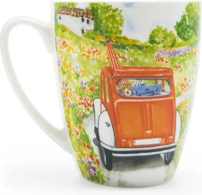 Porcelánový hrnek Cesta za dobrodružstvím, 350 ml – Citroën 2CV, retro hrnek pro cestovatele a milovníky výletů